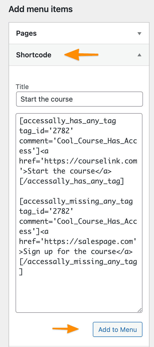 Using Shortcodes in Menus | AccessAlly™ Knowledge Base